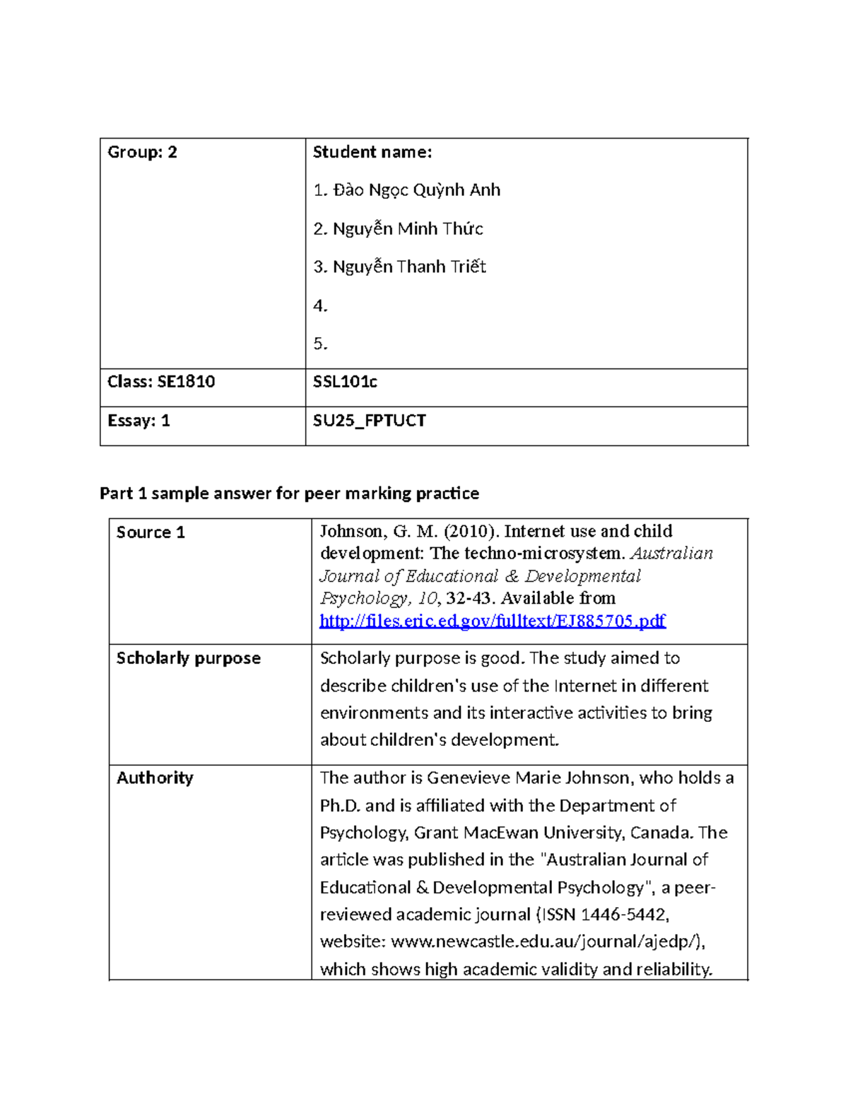 Group 2 Essay 1: Peer Marking Practice for SE1810 SSL101c - Studocu