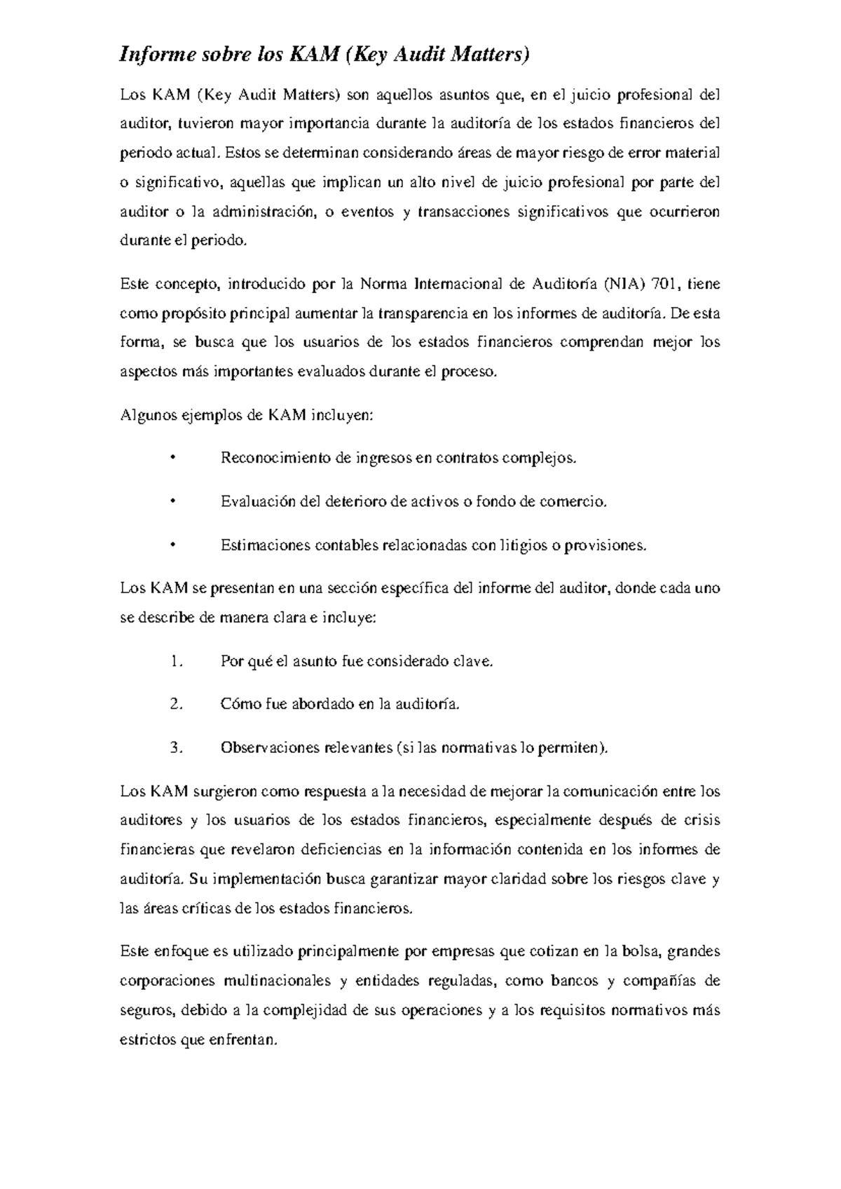 KAM - Informe sobre los Asuntos Clave de Auditoría (Key Audit Matters ...