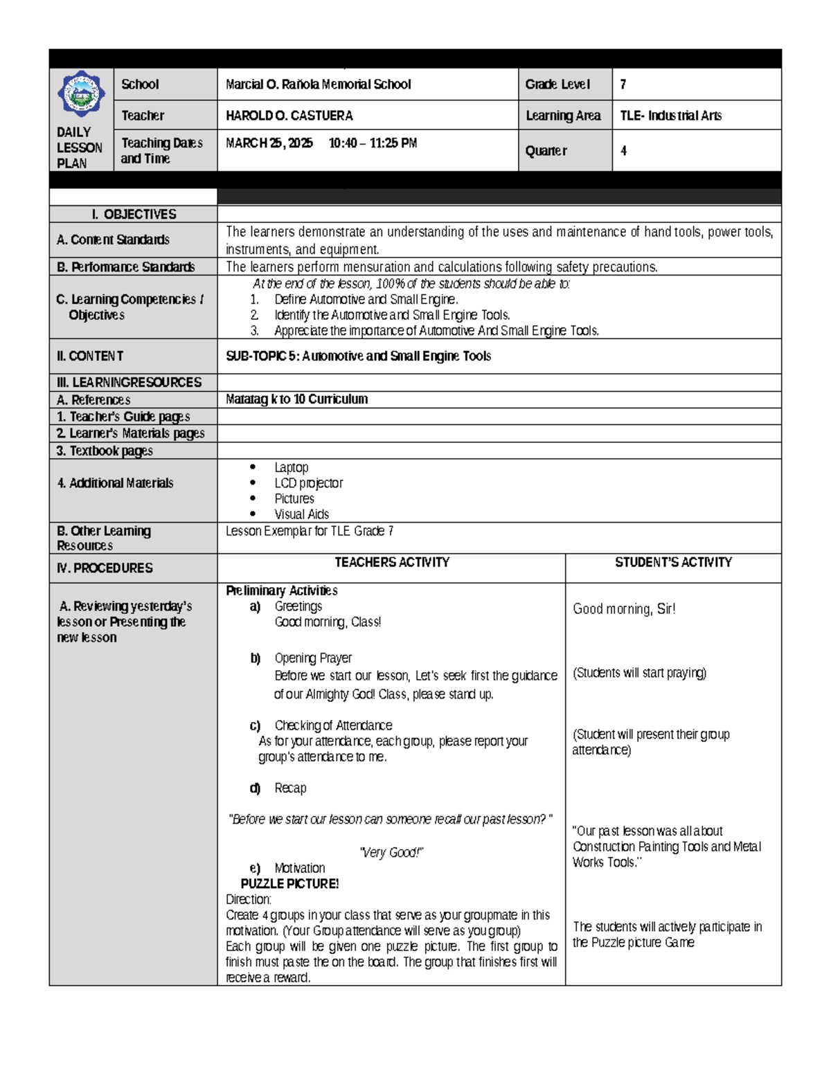 DAILY LESSON PLAN: Industrial Arts 7 - Automotive & Small Engine Tools ...