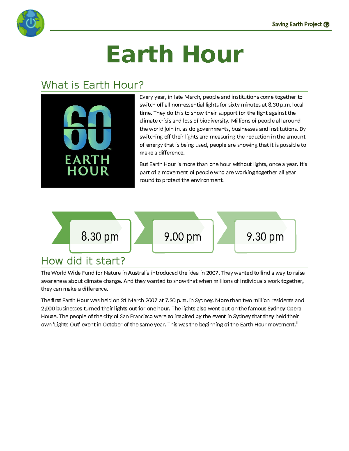 Earth Hour Awareness - Part of the Saving Earth Project - Studocu