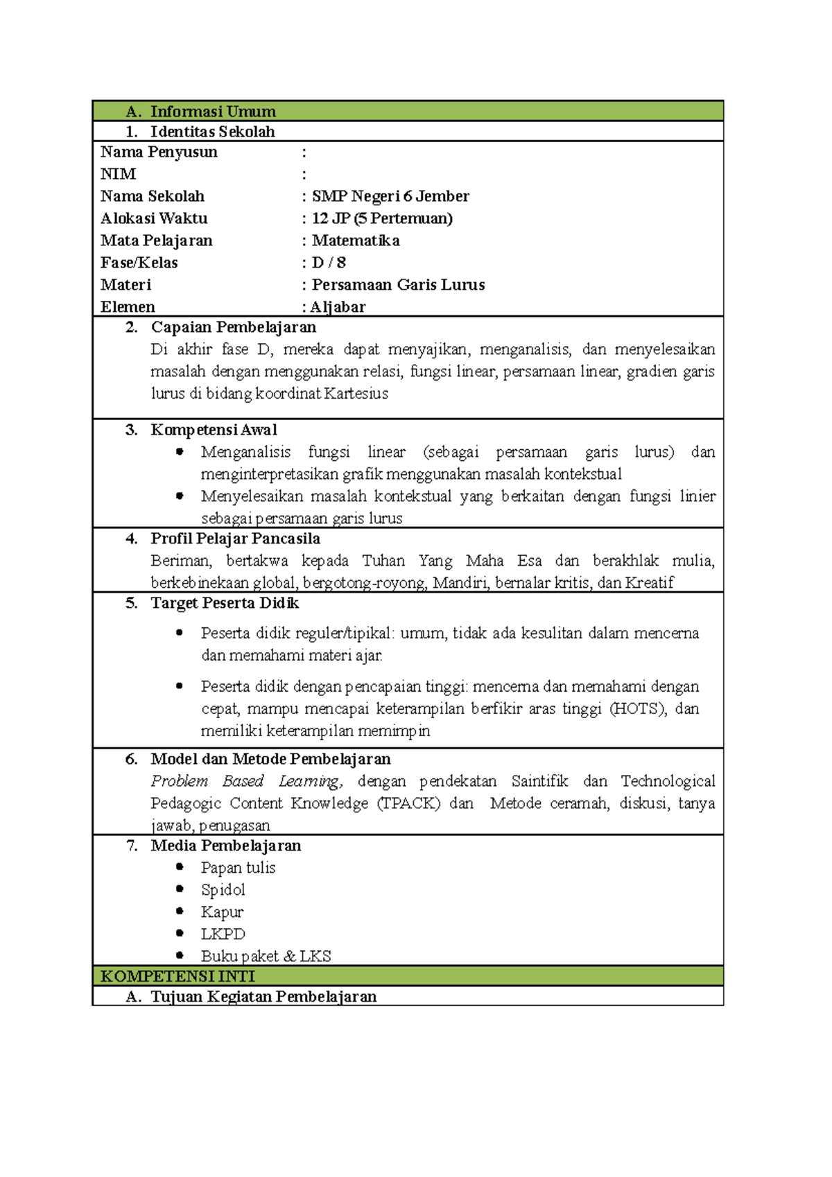 Modul Ajar: Persamaan Garis Lurus Kelas 8 SMP (Matematika) - Studocu