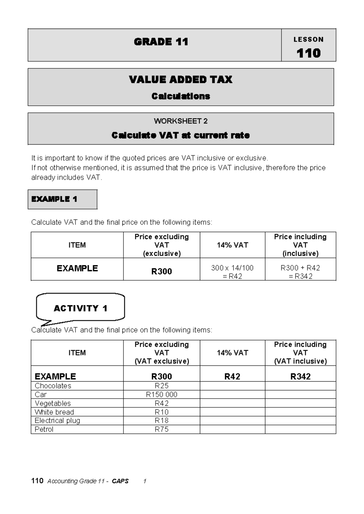 LESSON 110.2 GRADE 11 VAT Calculations Worksheet 2 - Studocu