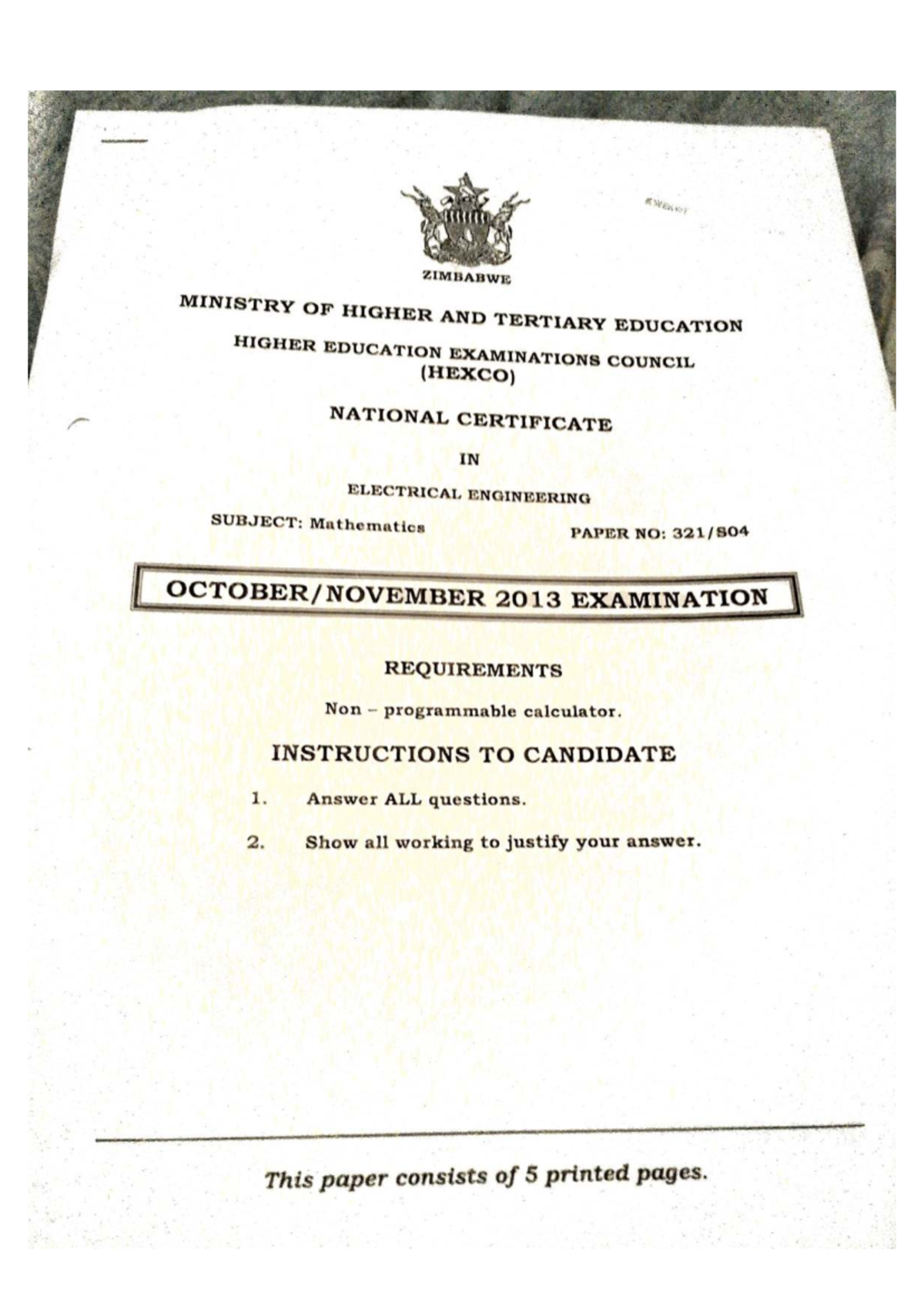 HEXCO National Certificate in Electrical Engineering: Mathematics Exam ...