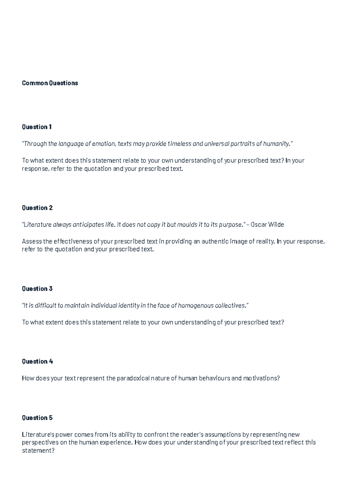 Common Module Essay Questions (ENG101) on Human Experience - Studocu