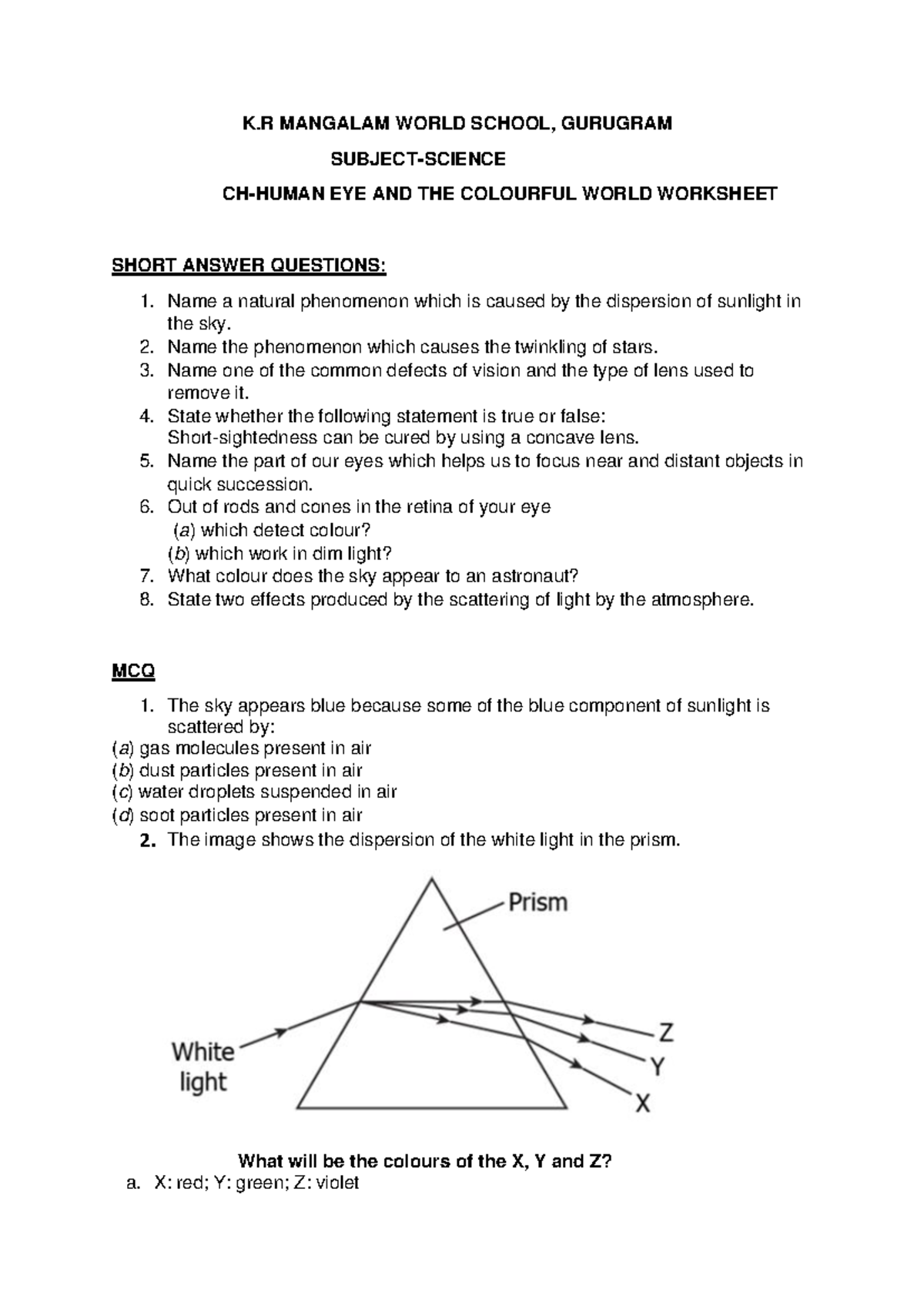 K.R MANGALAM WORLD SCHOOL, GURUGRAM: Class 10 Phy Human Eye MCQ ...