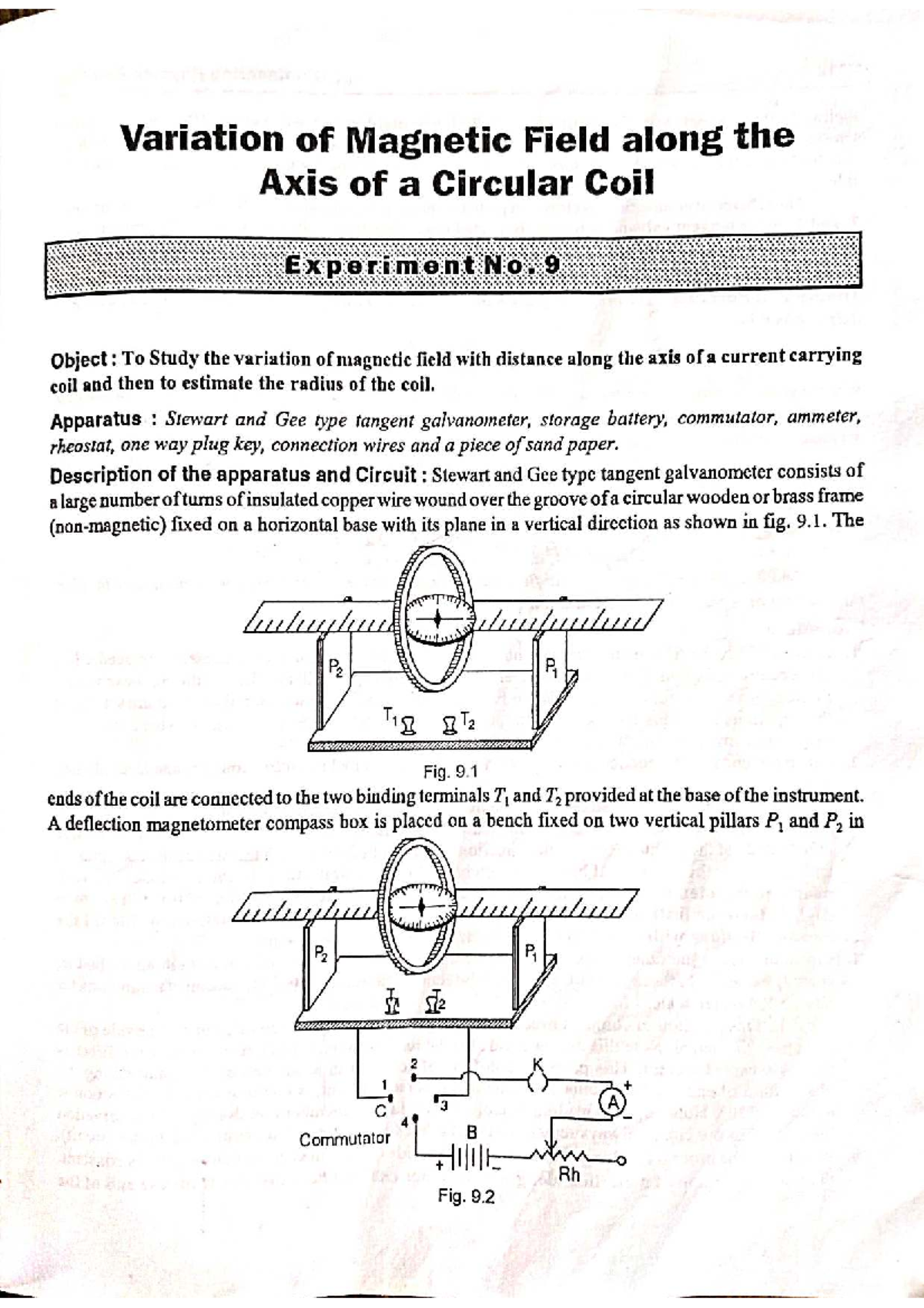 Variation of Magnetic Field along the Axis of a Circular Coil (Expt. No ...