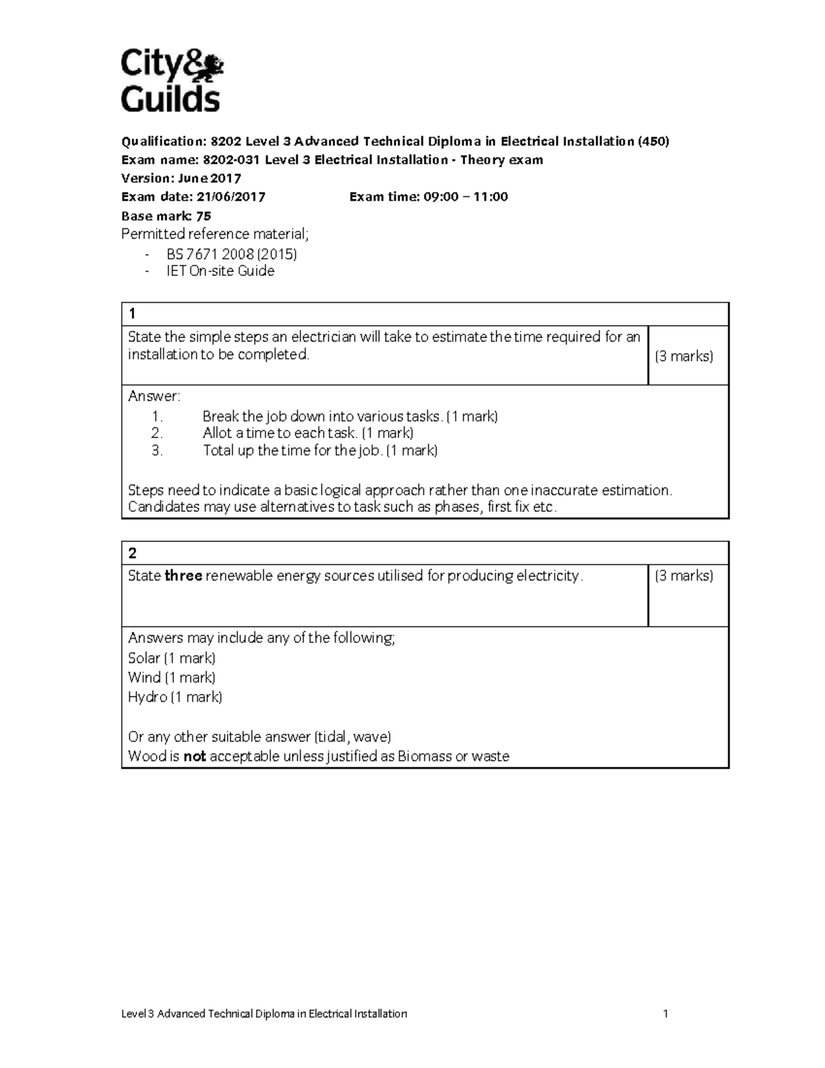 Level 3 Electrical Installation Theory Exam Mark Scheme (8202) - June ...