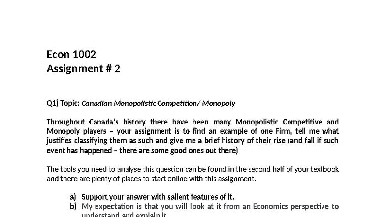 Assignment 2 # ECON 1002- Winter Semester - Econ 1002 Assignment # 2 Q1 ...
