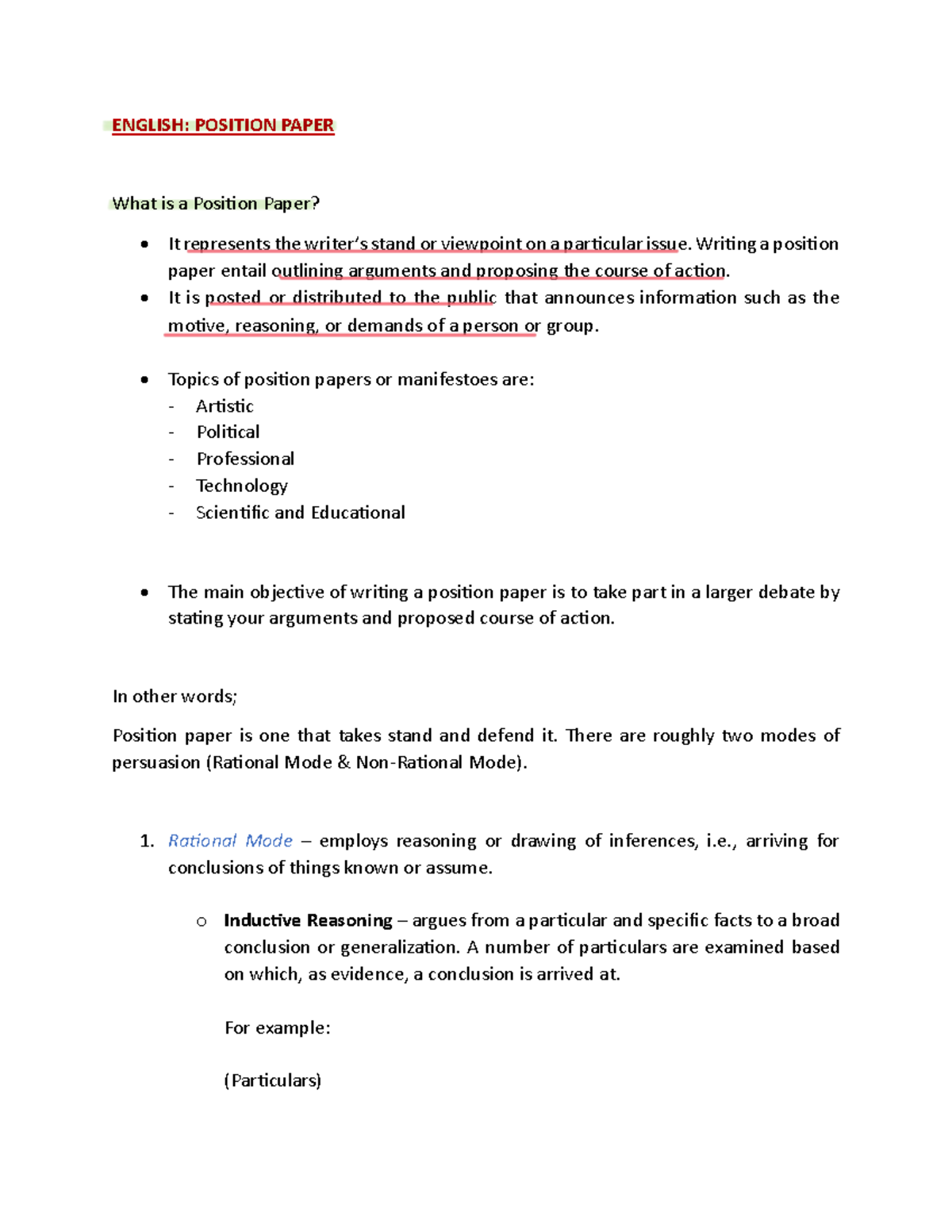 ENG: Position Paper Notes on Argumentation and Persuasion - Studocu