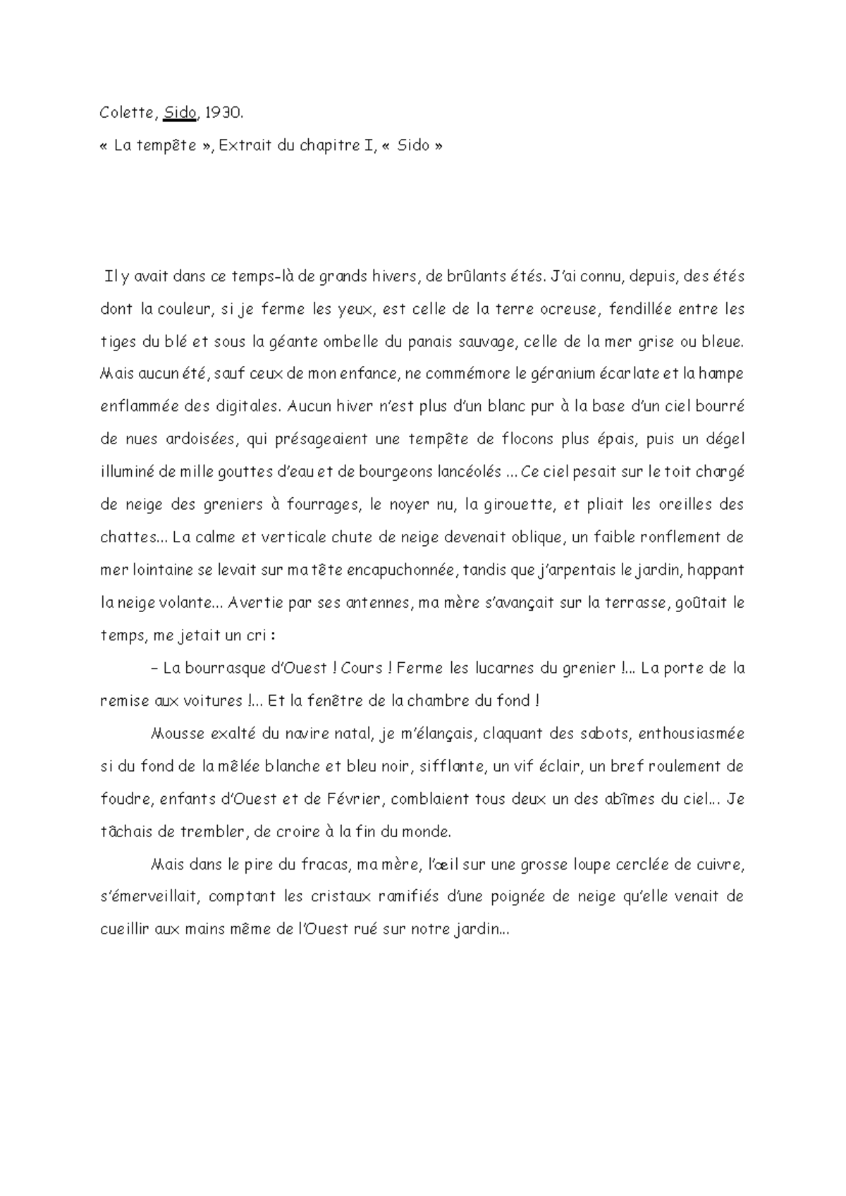 Analyse littéraire de "La tempête" dans Sido de Colette: Récit et ...