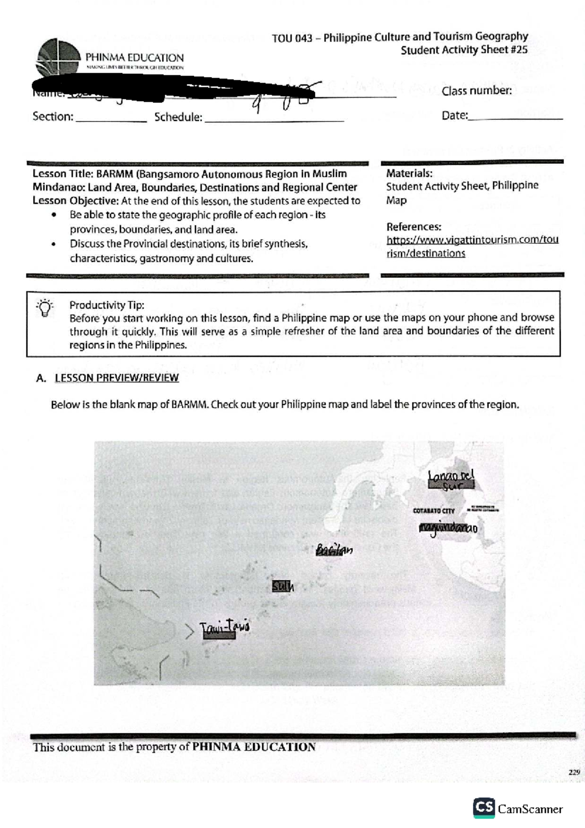 TOU 043 Student Activity Sheet: BARMM Geography & Culture Insights ...
