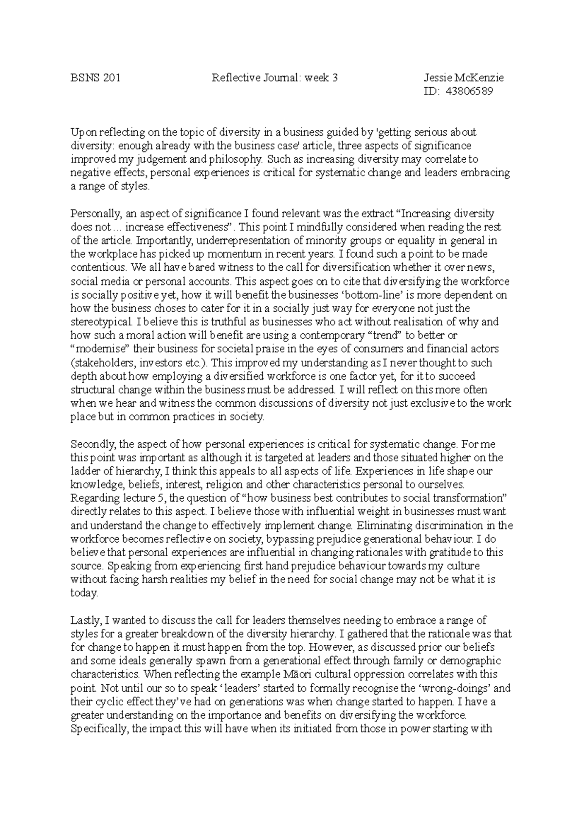 WK 3- Reflective Journal - Gender and inequality - BSNS 201 Reflective ...