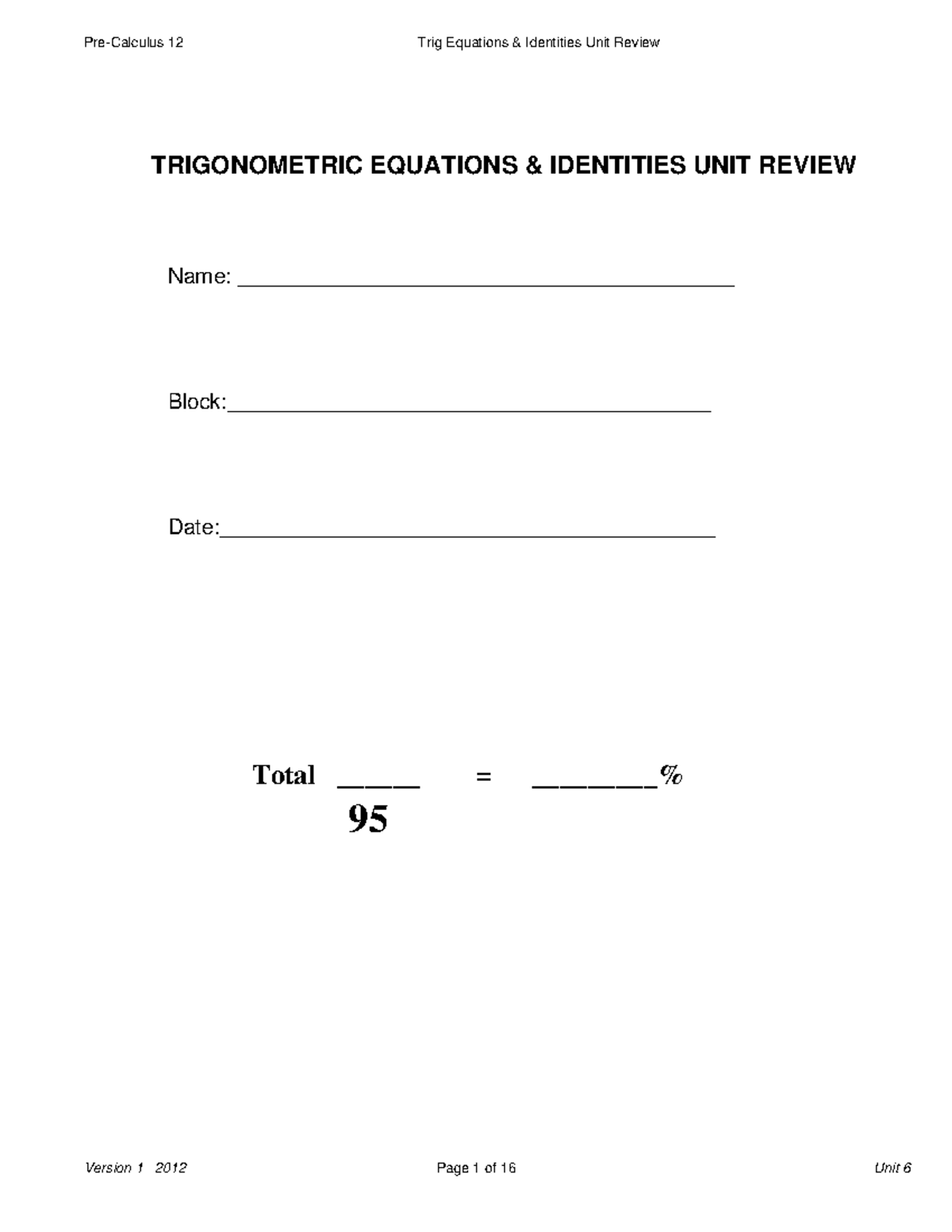 TRIG 12: Equations & Identities Unit Review - Studocu