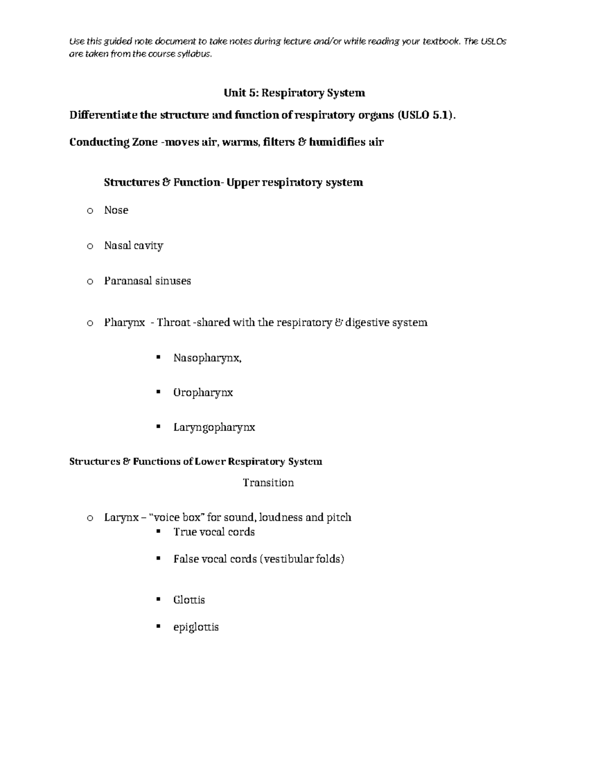 Unit 5: Respiratory System Lecture Notes & Study Guide (USLOs 5.1-5.5 ...