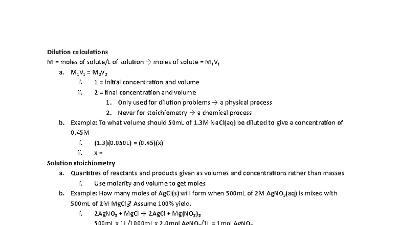 51 - Chapter 8 Notes: Dilution and Stoichiometry Problems - Studocu