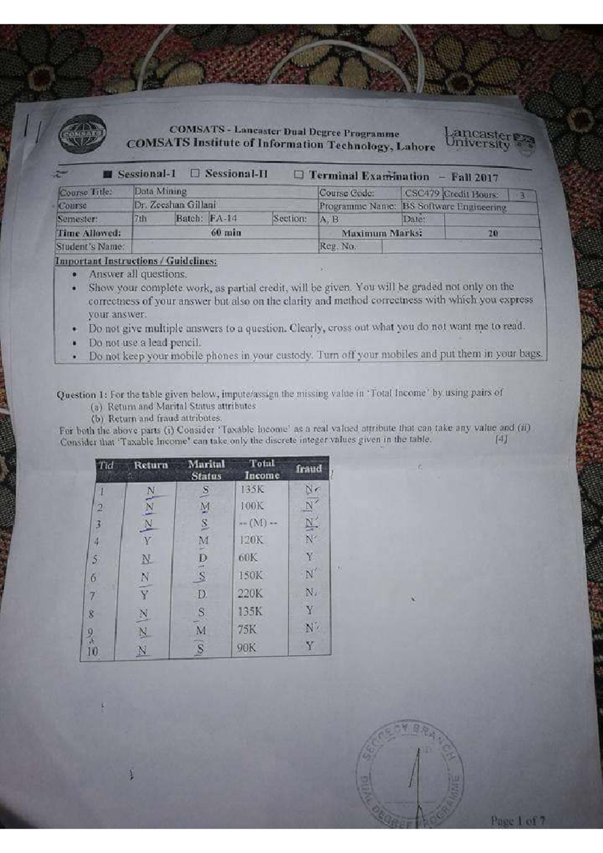 Fall'17 CSC479 Data Mining Terminal Exam Past Paper - Studocu