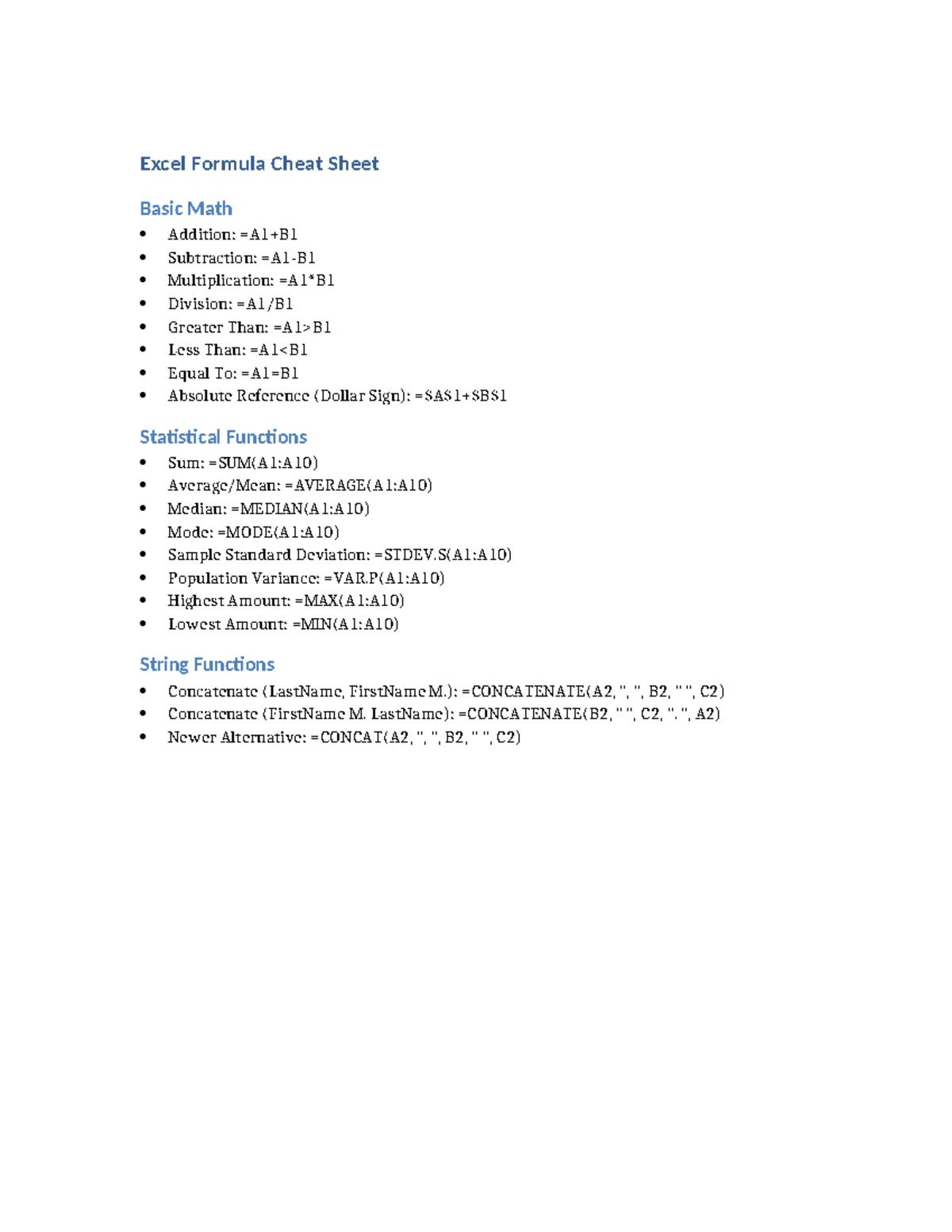 Excel Cheat Sheet - N/@ - Excel Formula Cheat Sheet Basic Math Addition ...