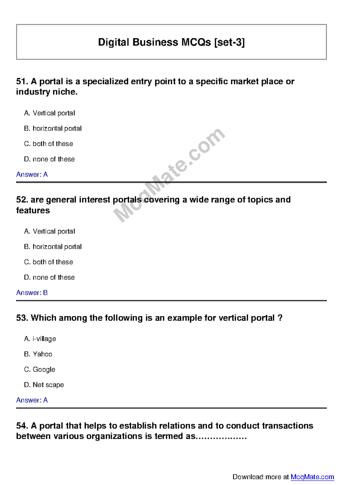 Digital-business Solved MCQs [set-3] Mcq Mate - MBA First Year - SPPU ...