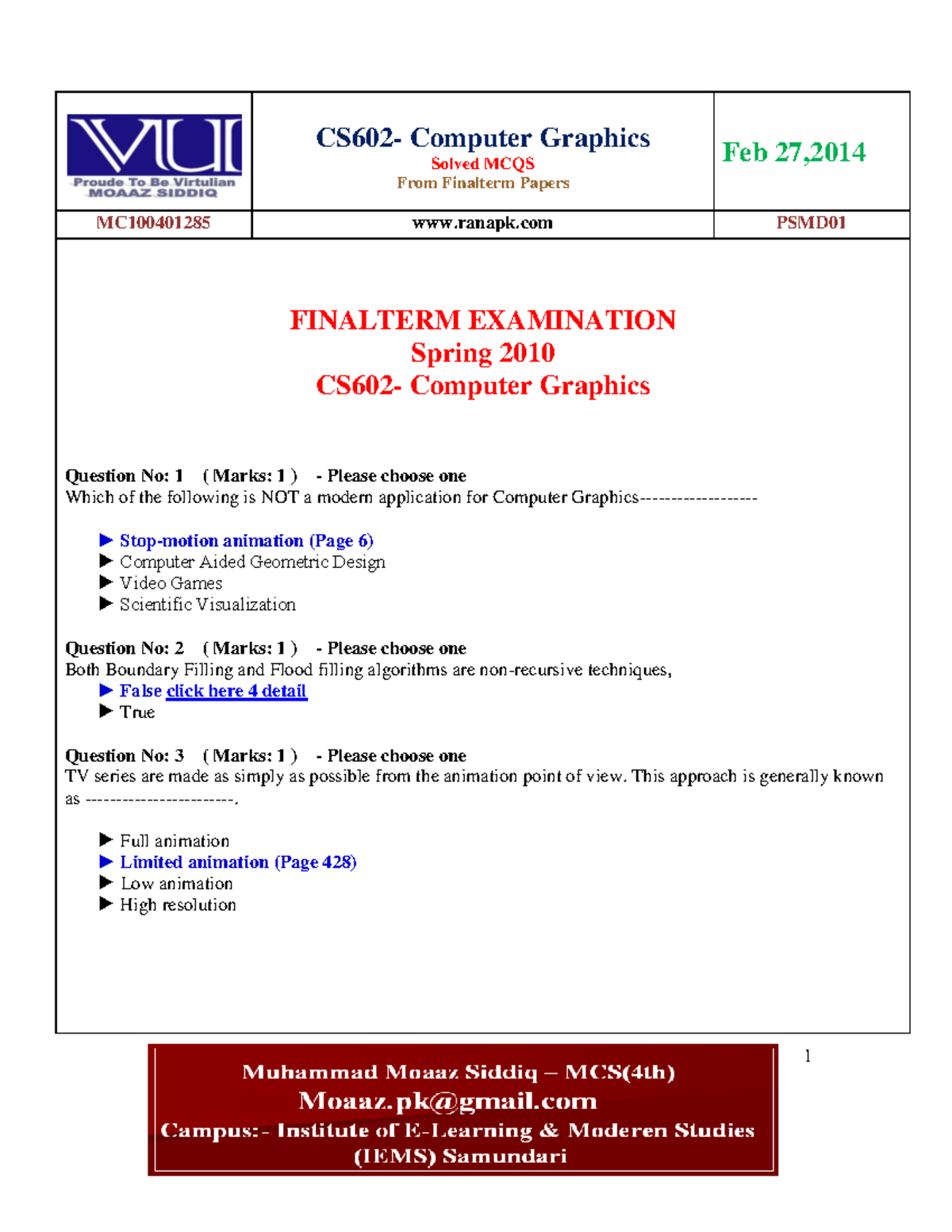 CS602-Final Term-MCQs With Referencesby Moaaz - CS602- Computer Graphics Solved MCQS From ...
