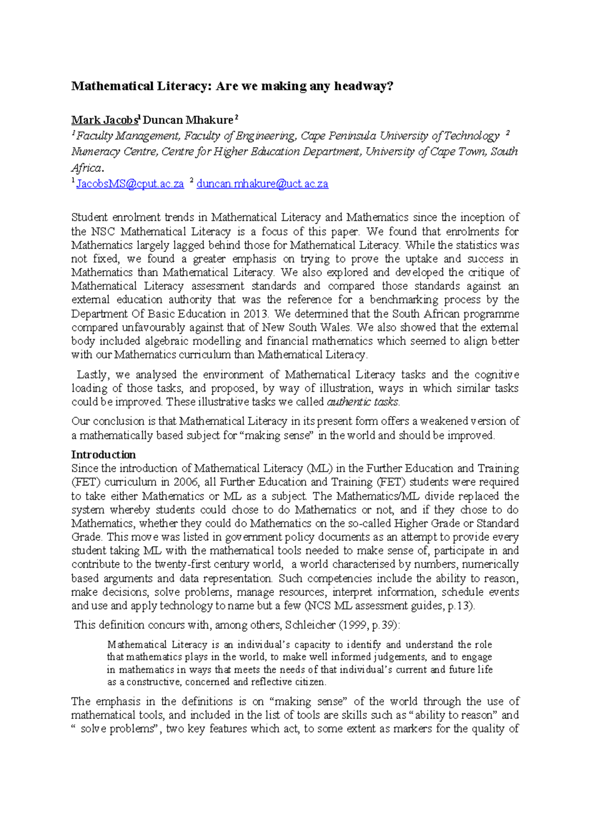 Mathematical Literacy Trends and Assessment Critique: A Study on NSC ML ...