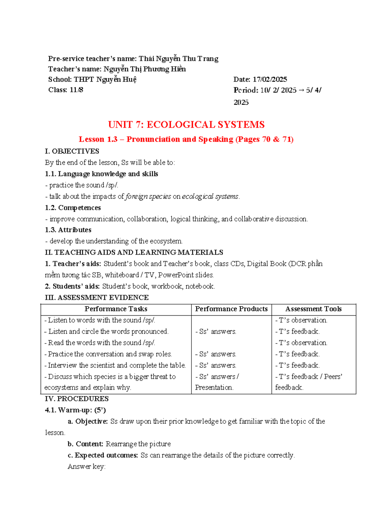 UNIT 7 (11) - Lesson 1.3: Pronunciation & Speaking Activities - Studocu