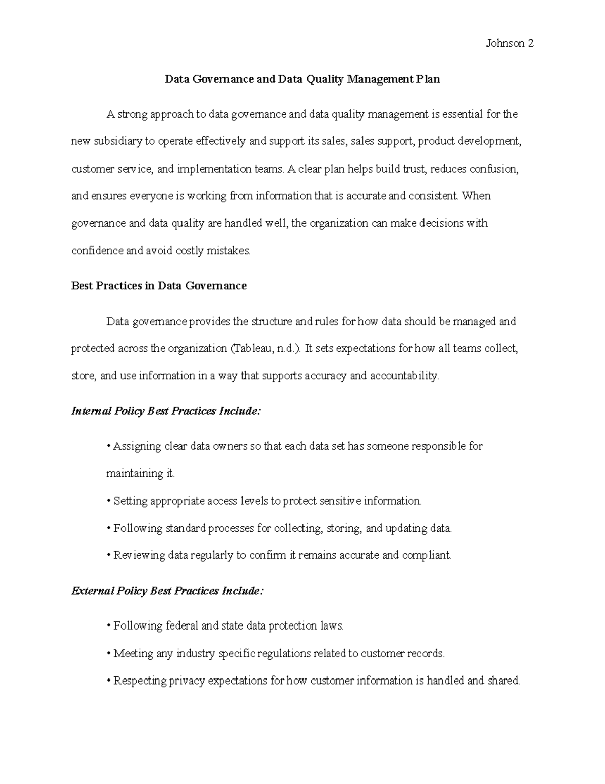 6-1 Assignment - Data Governance & Quality Management Plan - Studocu