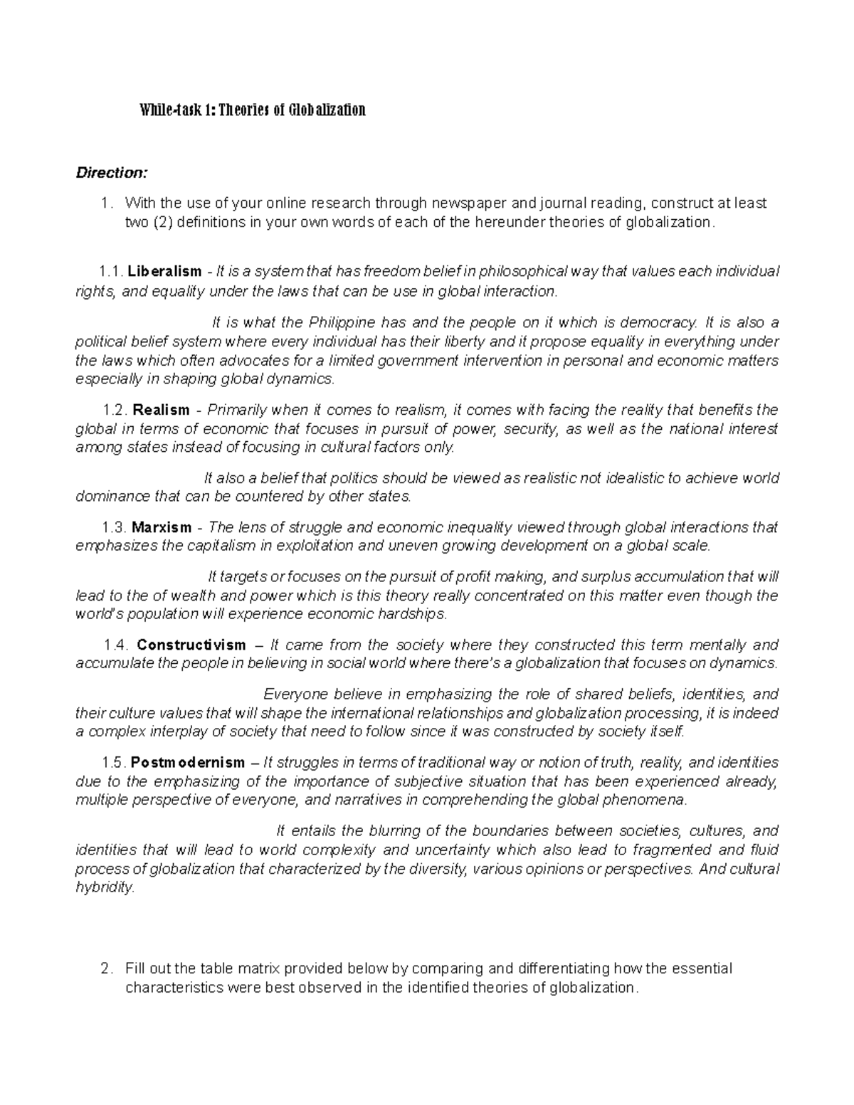 M1 While-Task 1: Theories of Globalization Defined and Compared - Studocu