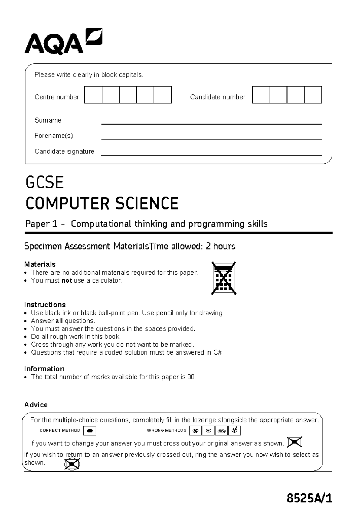 Specimen QP - Paper 1A AQA GCSE Computer Science Exam Guide - Studocu