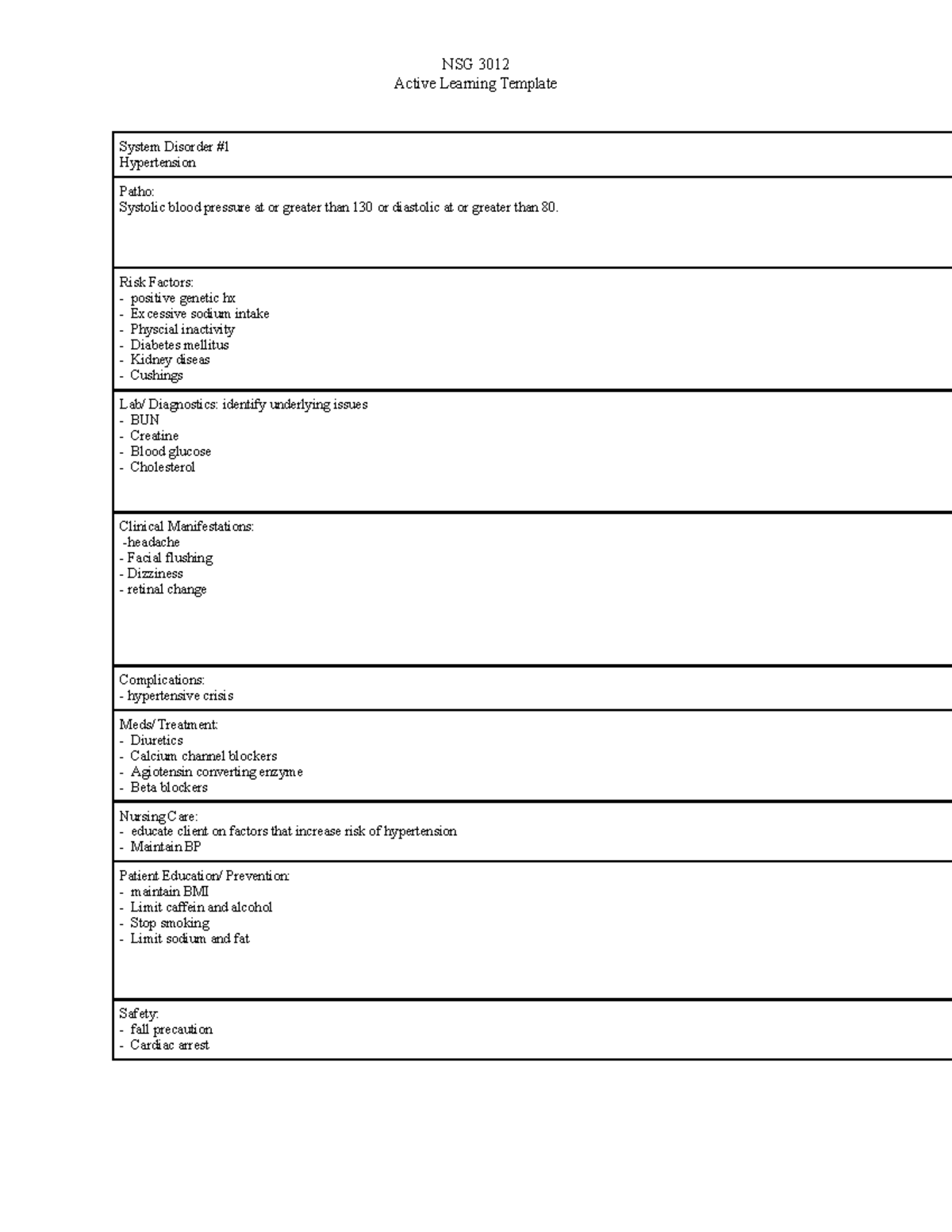 NSG 3012 Active Learning Template: Hypertension Pathophysiology and ...