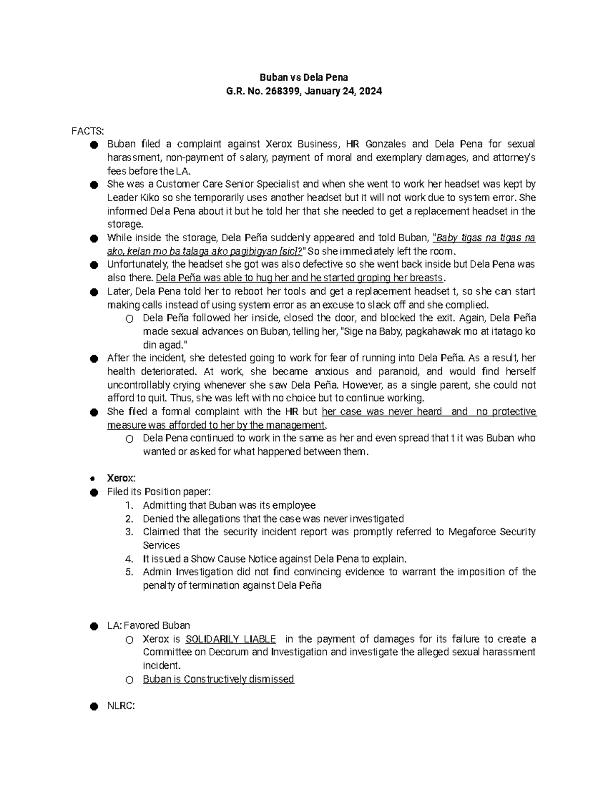 Buban vs Dela Pena - Legal Case Digest on Sexual Harassment 268399 ...