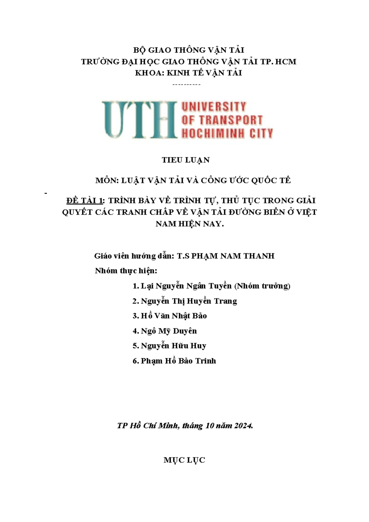 TIỂU LUẬN LVT&CUQT: Giải Quyết Tranh Chấp Vận Tải Biển tại Việt Nam - Studocu