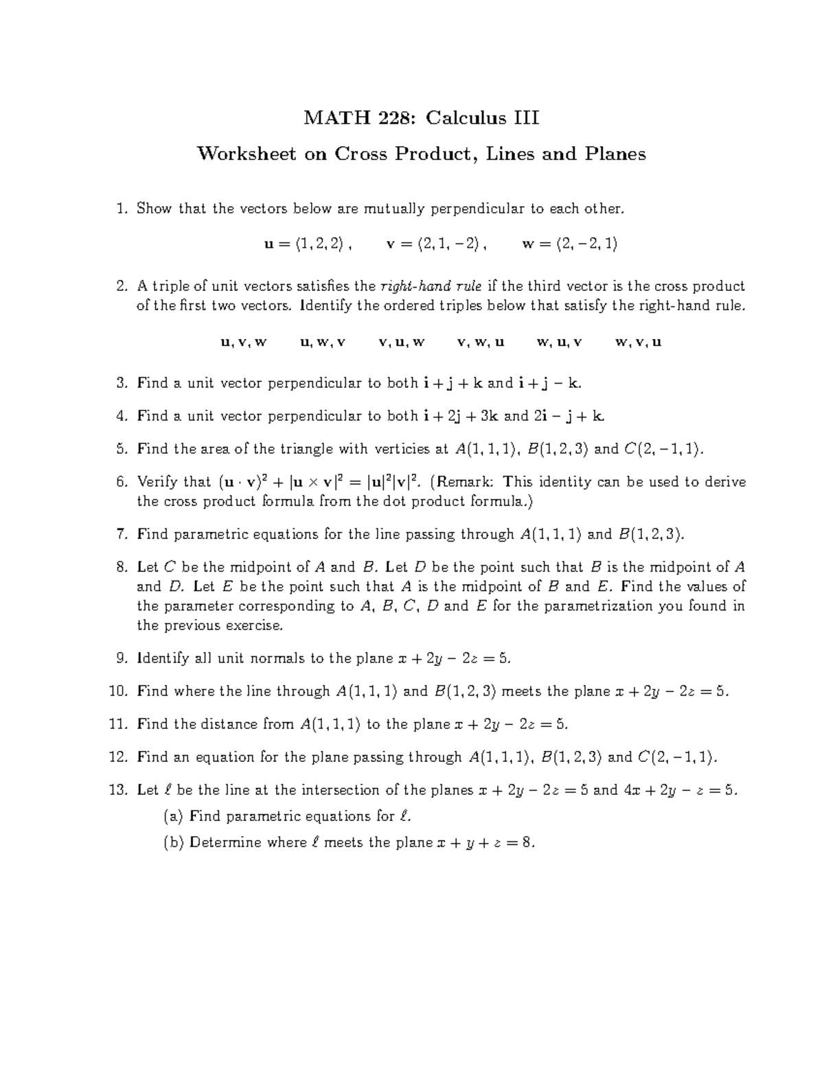 Worksheet on cross product, lines and planes - MATH 228: Calculus III ...