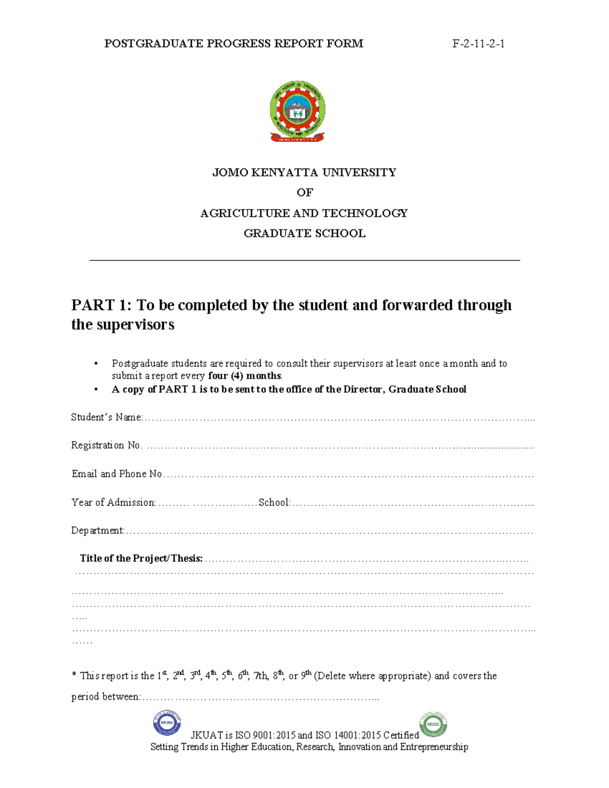 GS Progress Report Form for Postgraduate Students at JKUAT - Studocu