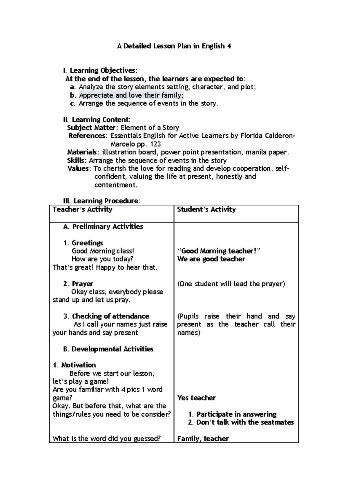 Detailed Lesson Plan for English 4: Analyzing Story Elements - Studocu