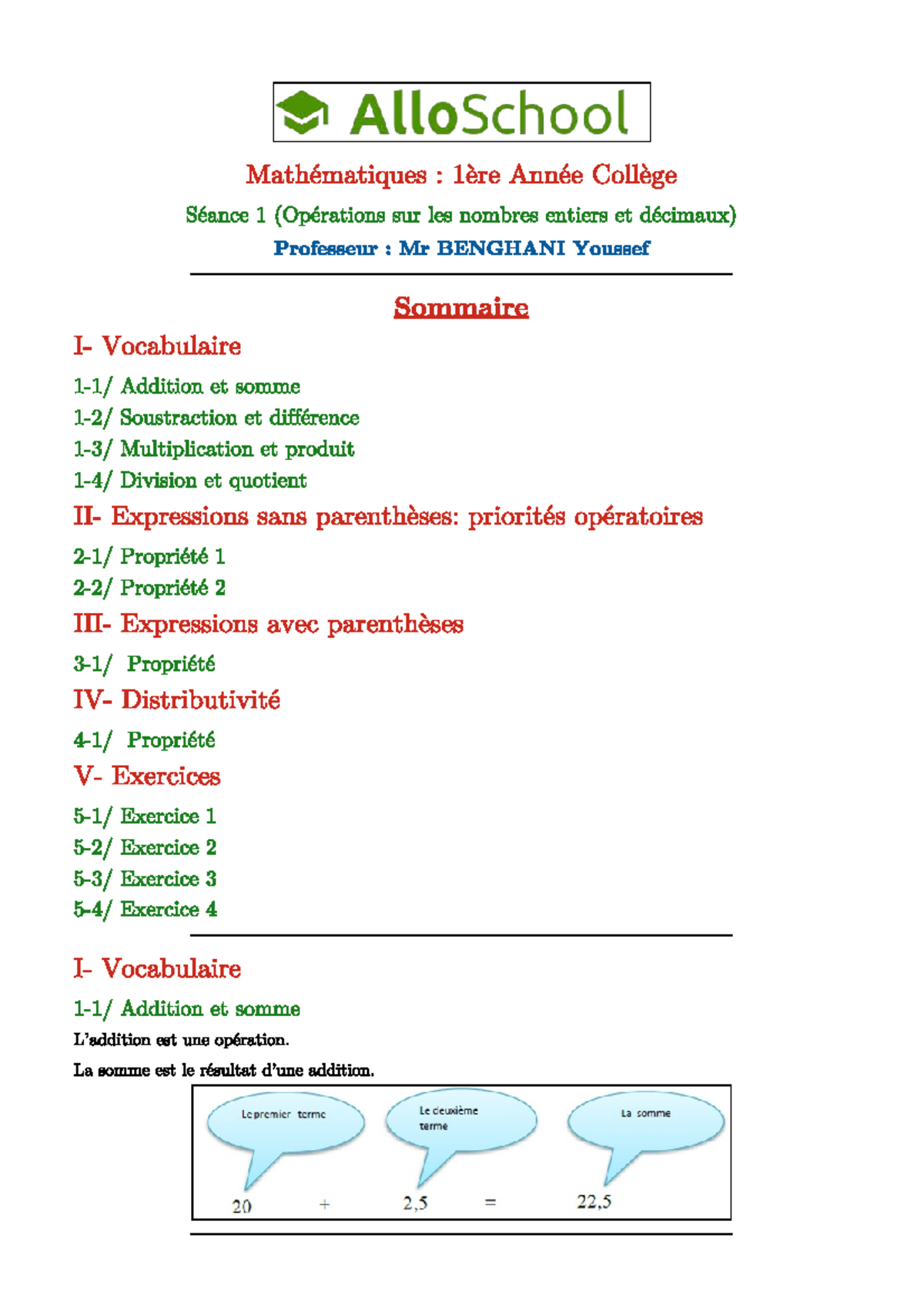 AlloSchool Mathématiques : 1ère Année Collège Séance 1 - Opérations sur ...