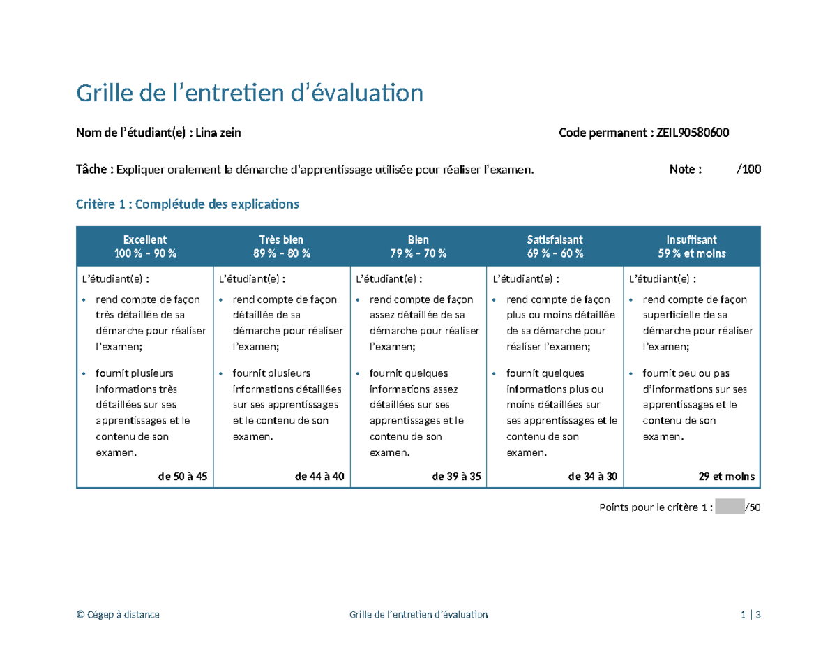 Grille d'Évaluation de la Démarche - Cégep à Distance - Studocu