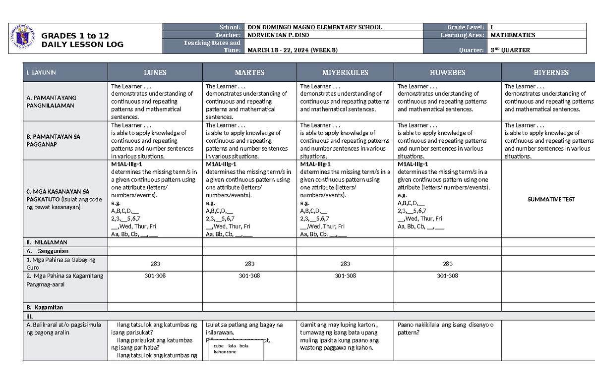 DLL Mathematics 1 Q3 W8 - Math 1 DLL - GRADES 1 to 12 DAILY LESSON LOG ...