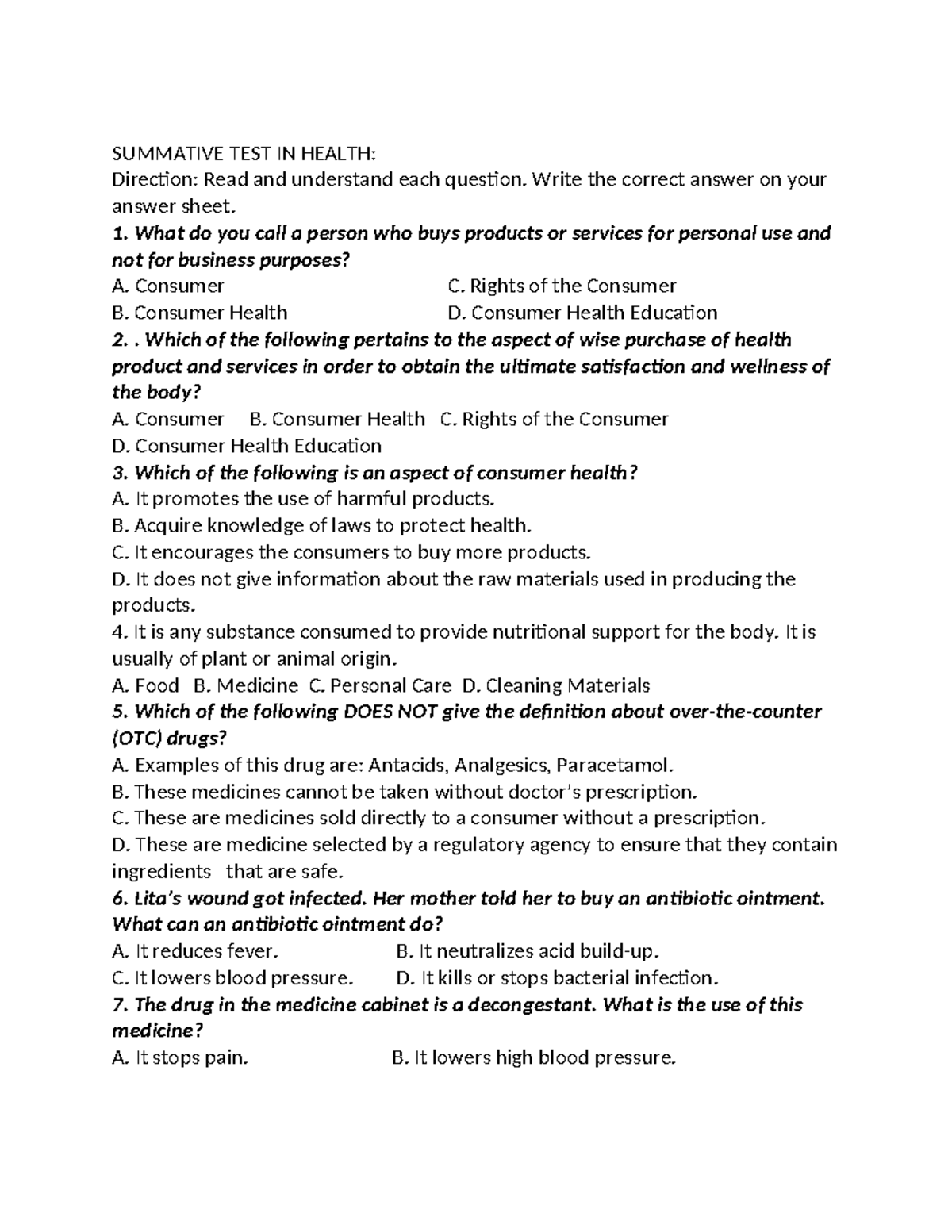 Summative Test in Health: Consumer Knowledge & Wellness Concepts - Studocu