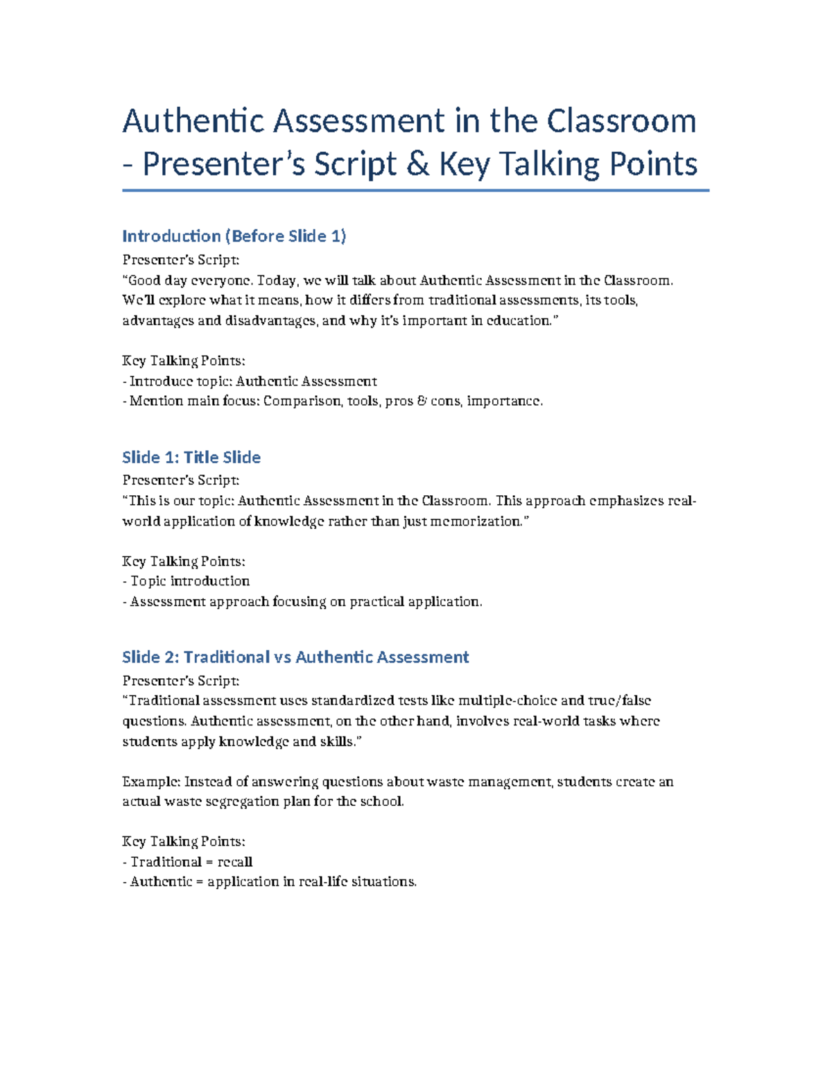 Authentic Assessment in the Classroom: Key Points & Script - Studocu