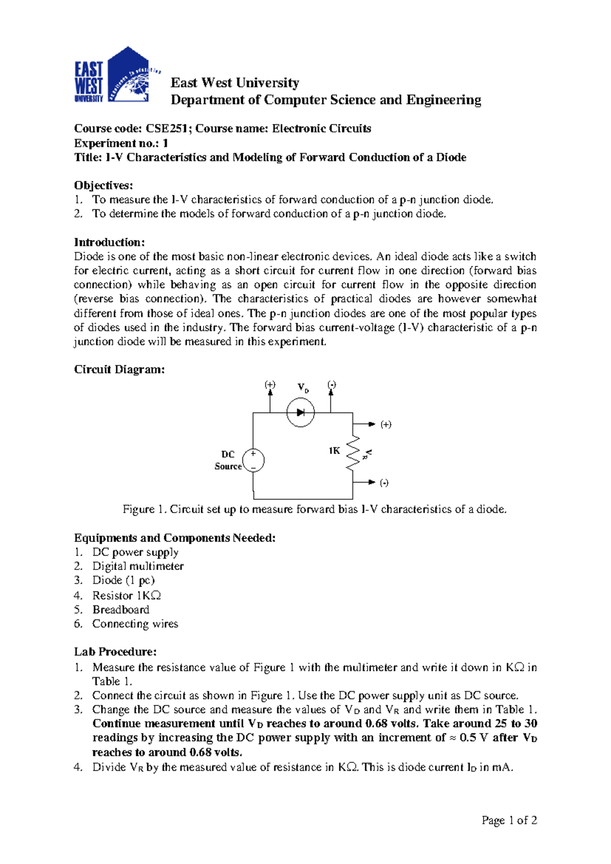 Expt 1 - Electrical circuit - Page 1 of 2 East West University Department of Computer Science ...