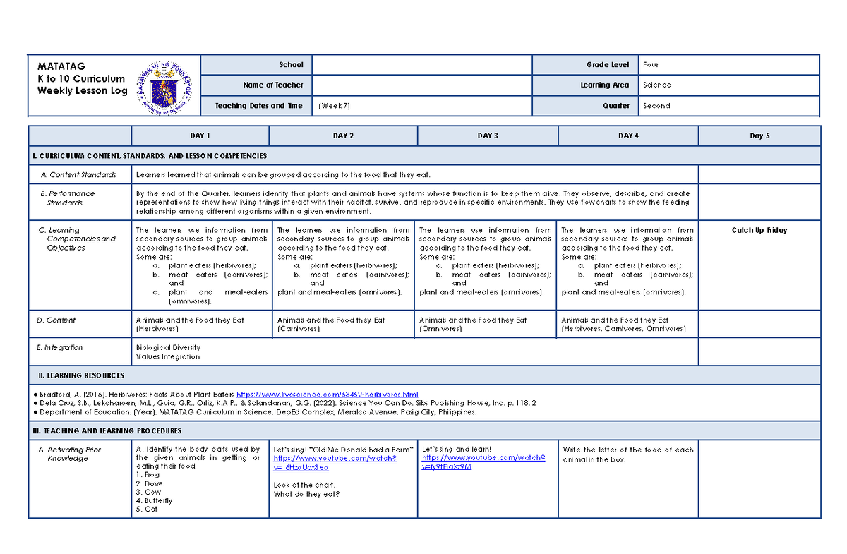 Science 4 Q2-W7 Weekly Lesson Log on Animals and Their Diets - Studocu