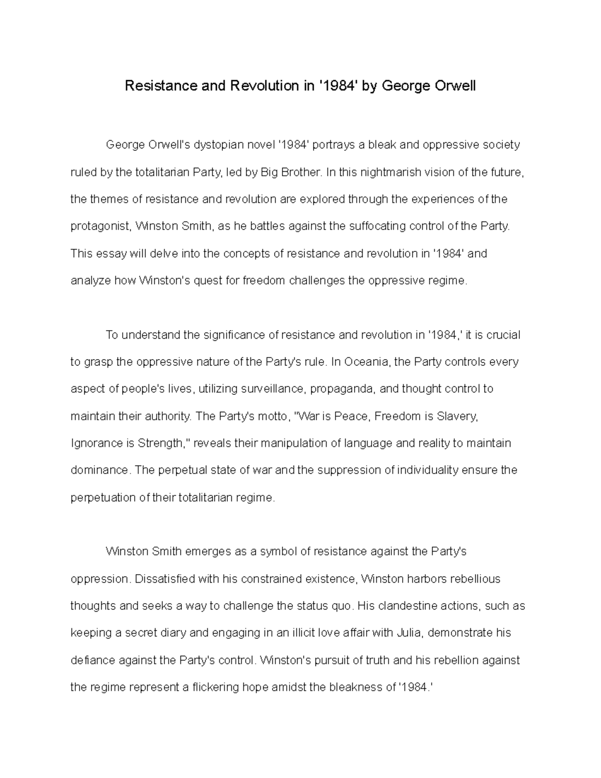 EDU 202 Final Essay: Resistance & Revolution in Orwell's '1984' - Studocu