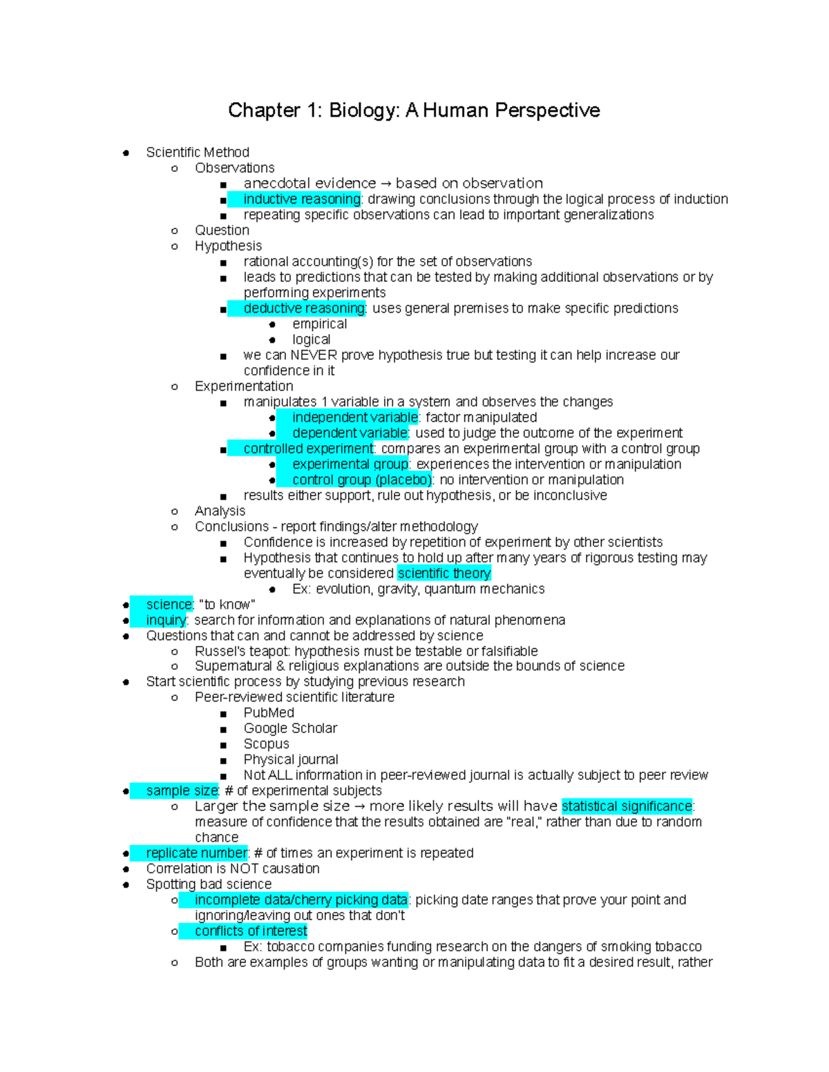 Chapter 1 Notes - Chapter 1: Biology: A Human Perspective Scientific ...