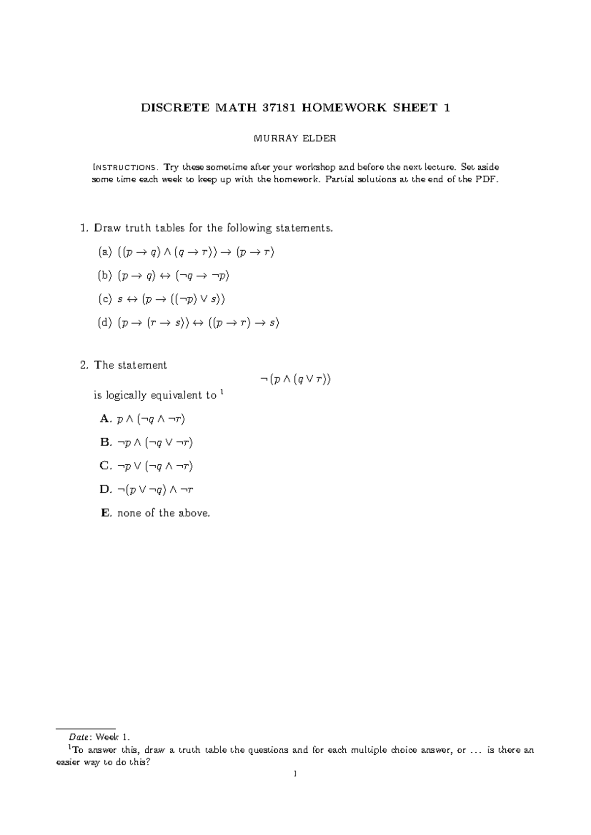 Discrete Math 37181: Homework Sheet 1 (Week 1) Solutions and Tips - Studocu