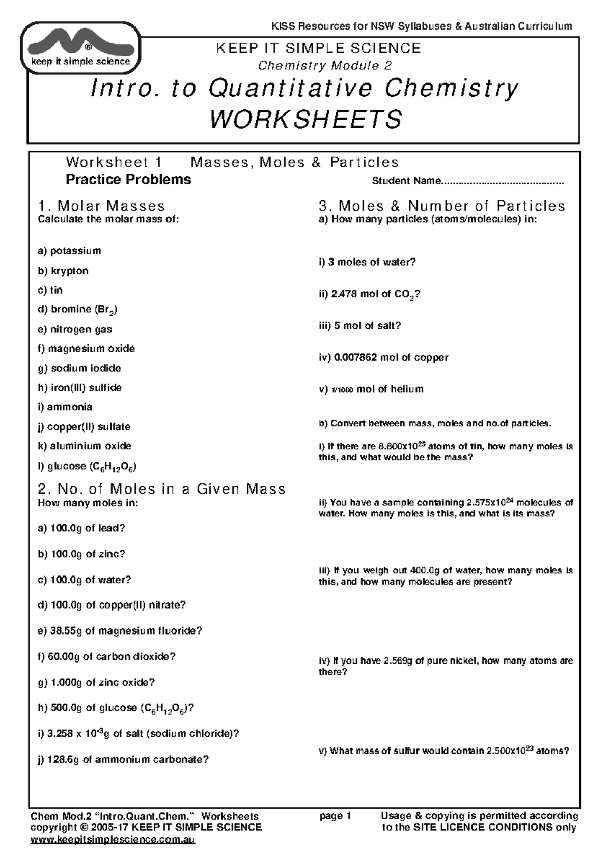 Chem Module 2 KISS worksheets - page 1 Usage & copying is permitted ...