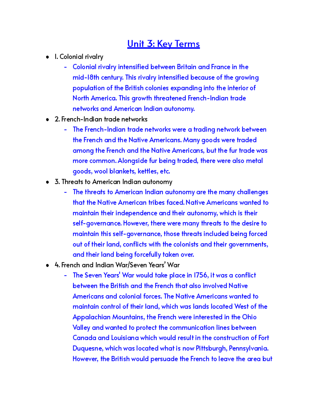 Unit 3 Key terms - key term - Unit 3: Key Terms 1. Colonial rivalry ...