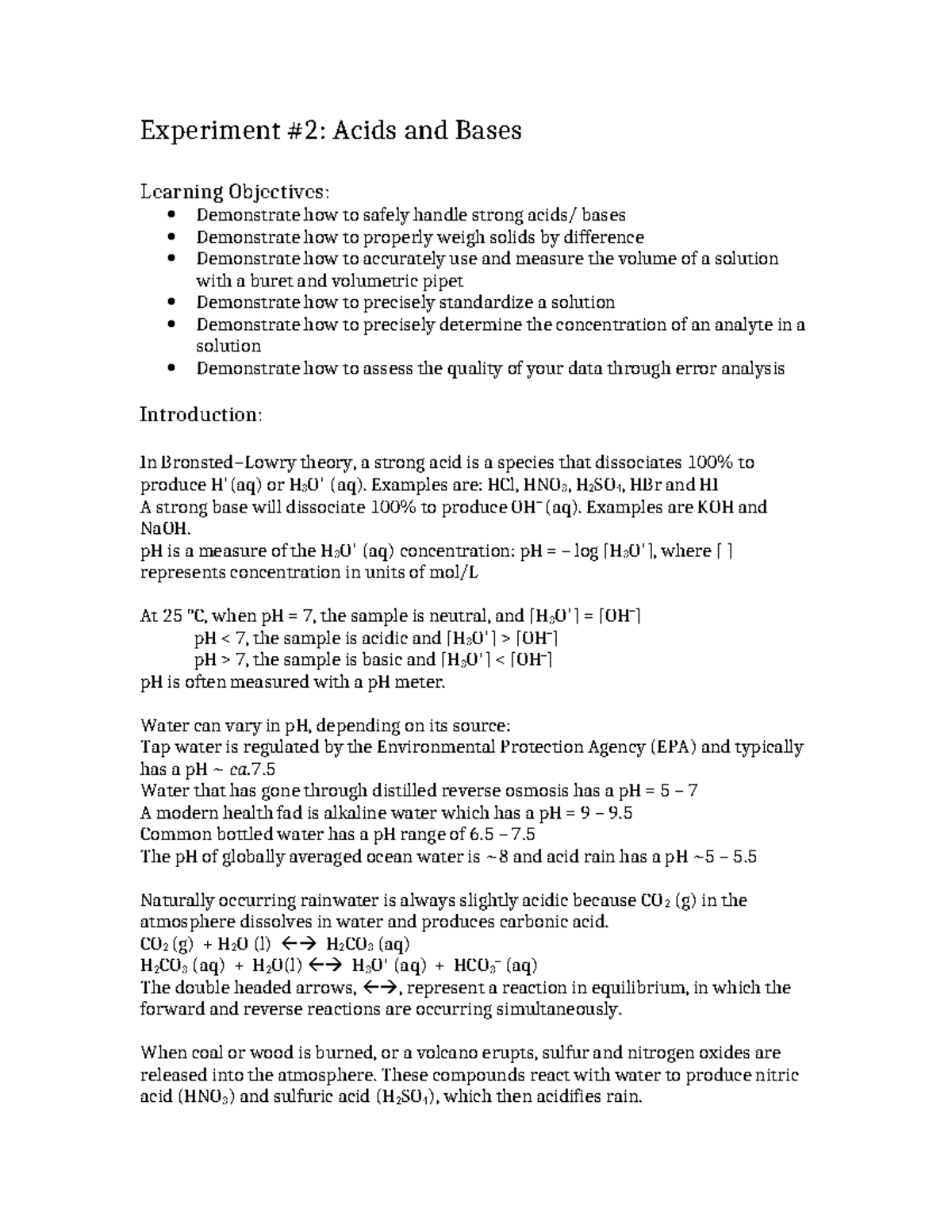CHE 133 Acids and Bases Lab - Experiment #2 Analysis and Procedures ...