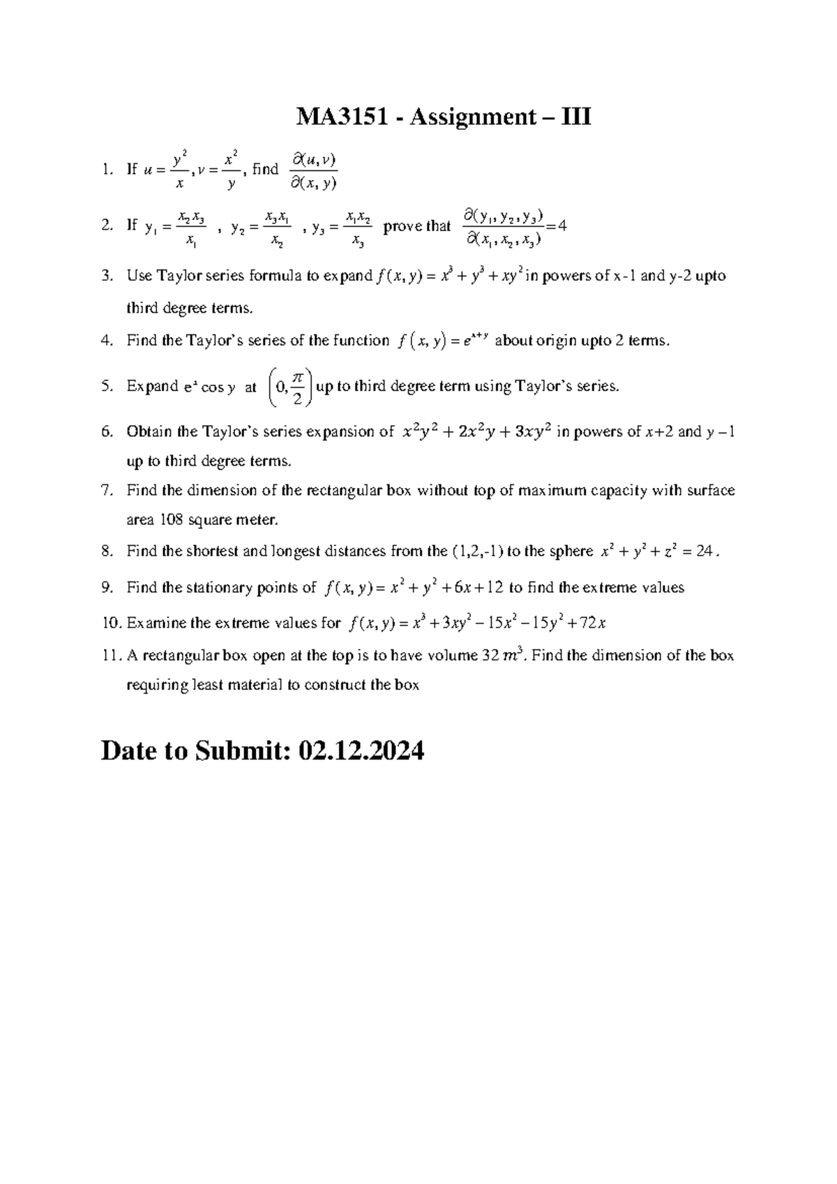 MA3151 - Assignment 3 - Bla bla - MA3151 - Assignment – III 1. If 2 2 ...
