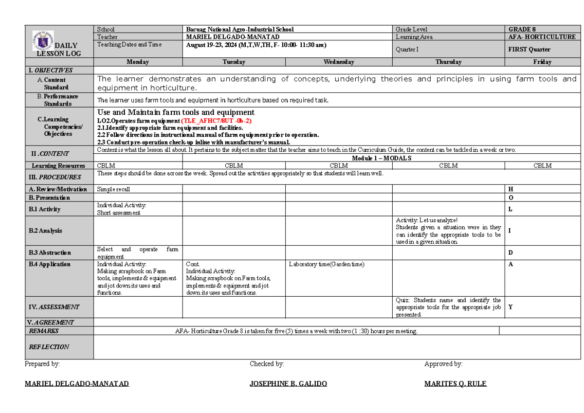 DAILY LESSON LOG I: GRADE 8 HORTICULTURE (AUG 2024) - Studocu