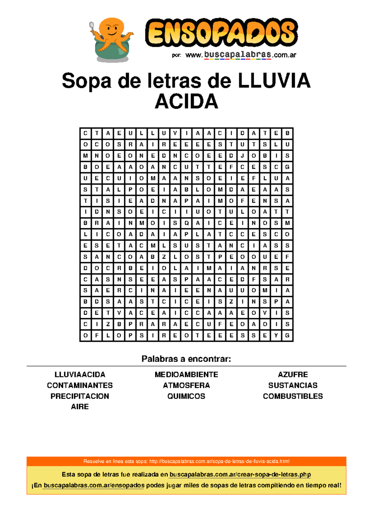 Sopa de letras de lluvia acida - Sopa de letras de LLUVIA ACIDA C T A E ...